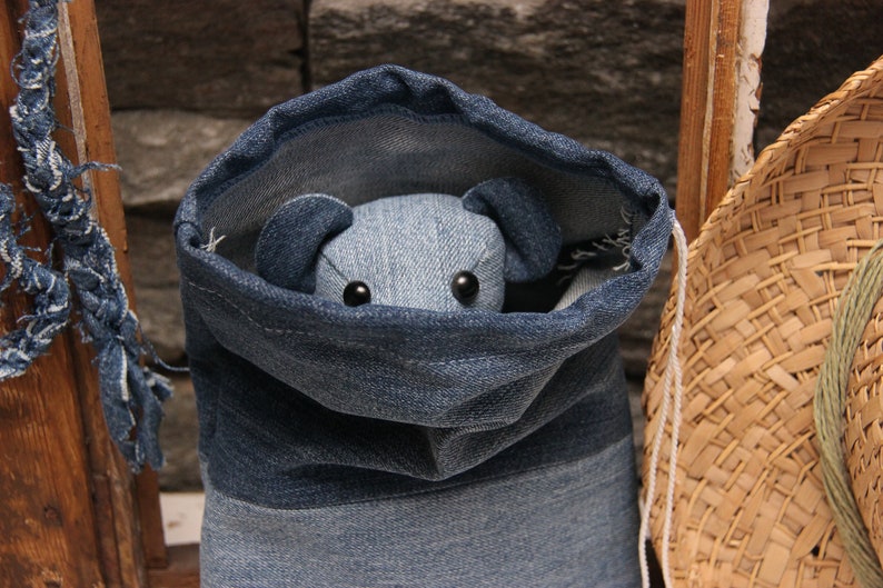 Recycled Denim Teddy Bear With Lollipops and Drawstring Bag, Stuffed ...