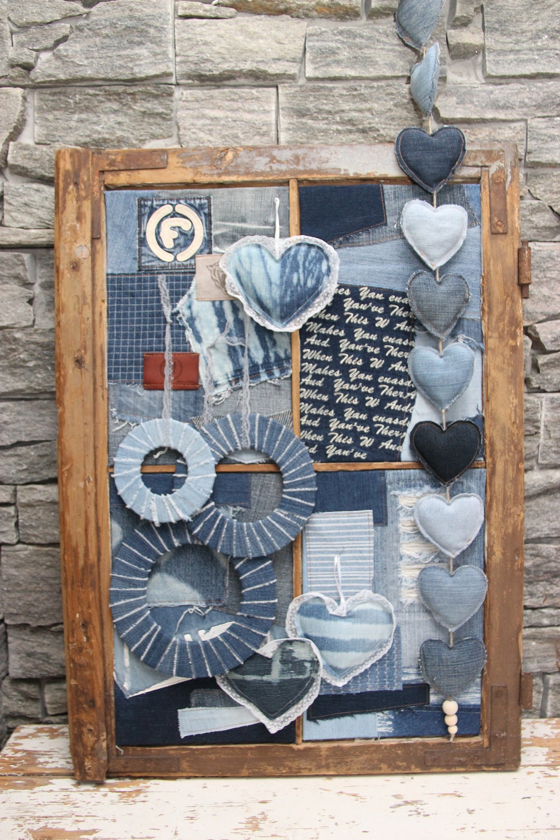 Recycled Denim Hearts Garland, Stuffed Denim Hearts Bunting, Denim ...