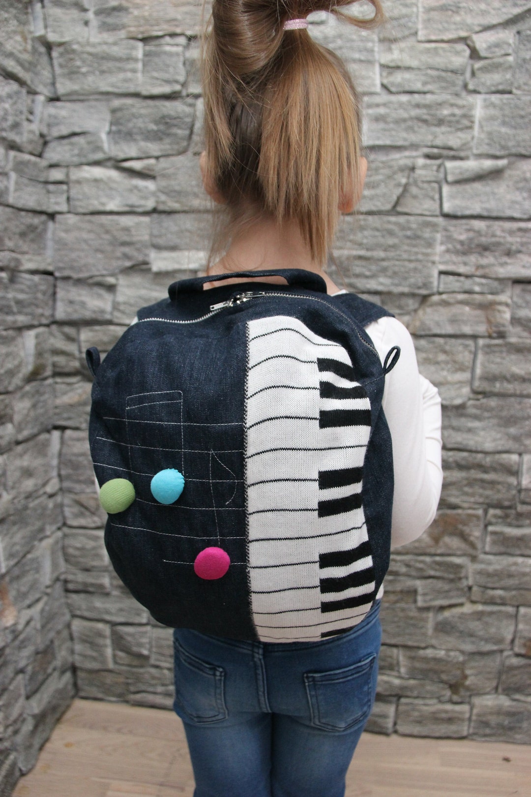 Upcycled Denim Backpack With Piano Keys and Music Notes Applications ...