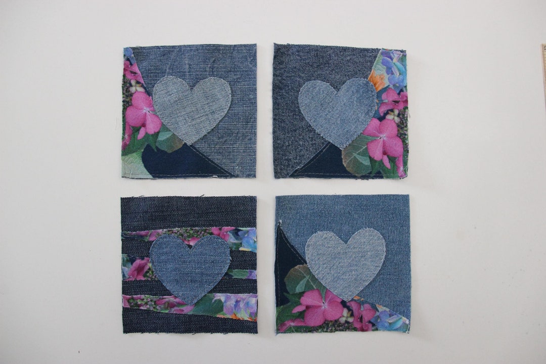 Denim Heart Patches , Recycled Denim Scrap Patches , Heart Sew on Patch ...