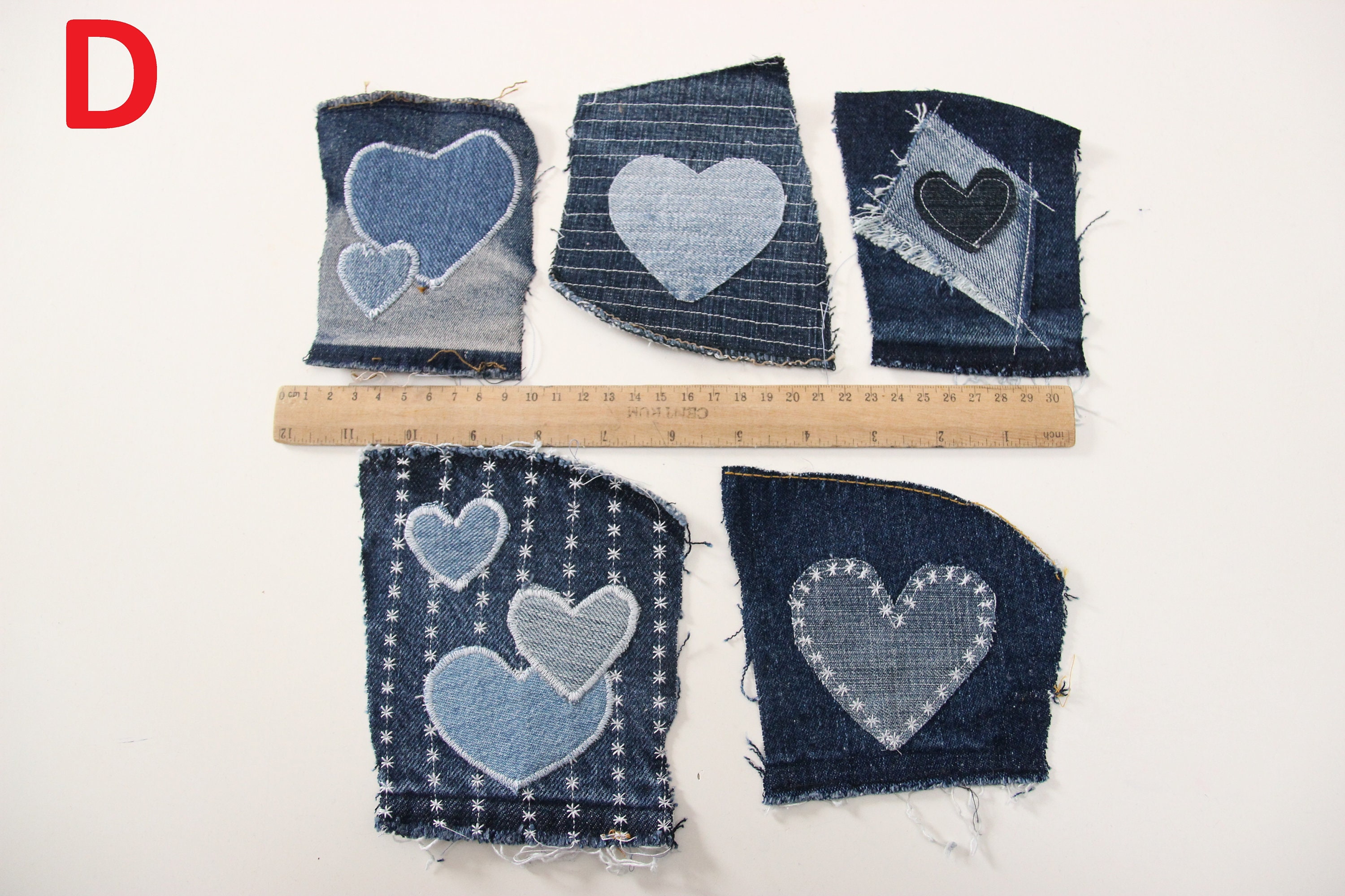 Denim Heart Patch Set , Set of 5 Sew on Patches , Upcycled Denim Patch ...