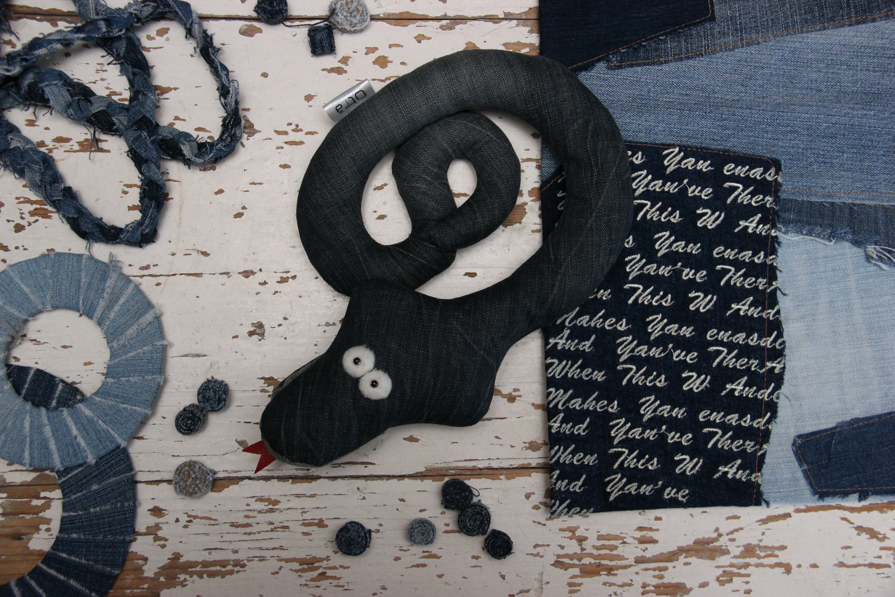 Stuffed Recycled Dark Denim Snake , Recycled Denim Toy , Funny Stuffed ...