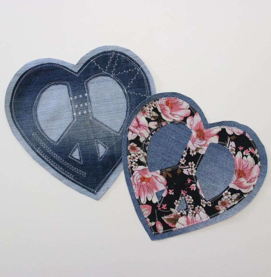 Extra Large Recycled Denim Peace Sign Heart Patches , Hippie Heart ...