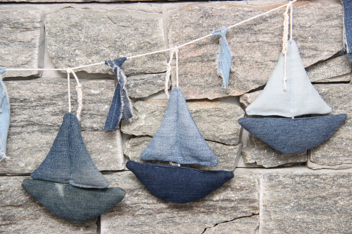 Recycled Denim Sailboat Garland, Denim Sailboat Bunting, Denim Bunting ...
