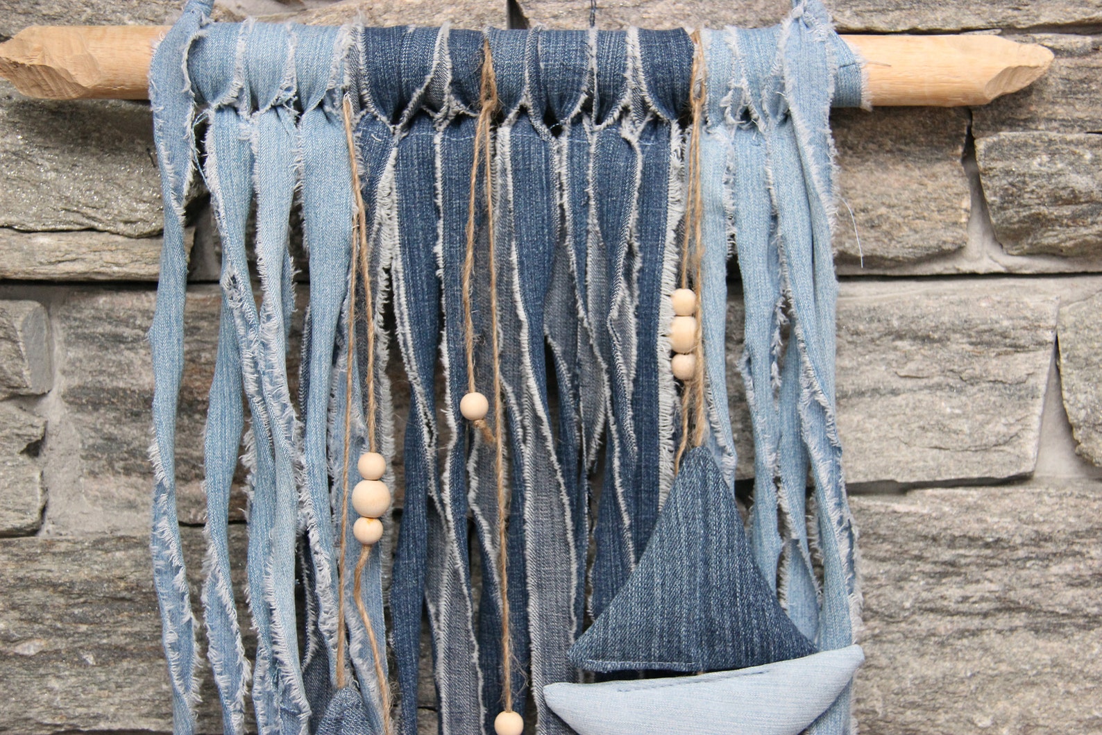 Recycled Denim Sailboat Wall Decor on Driftwood With Denim Rag Fringes ...