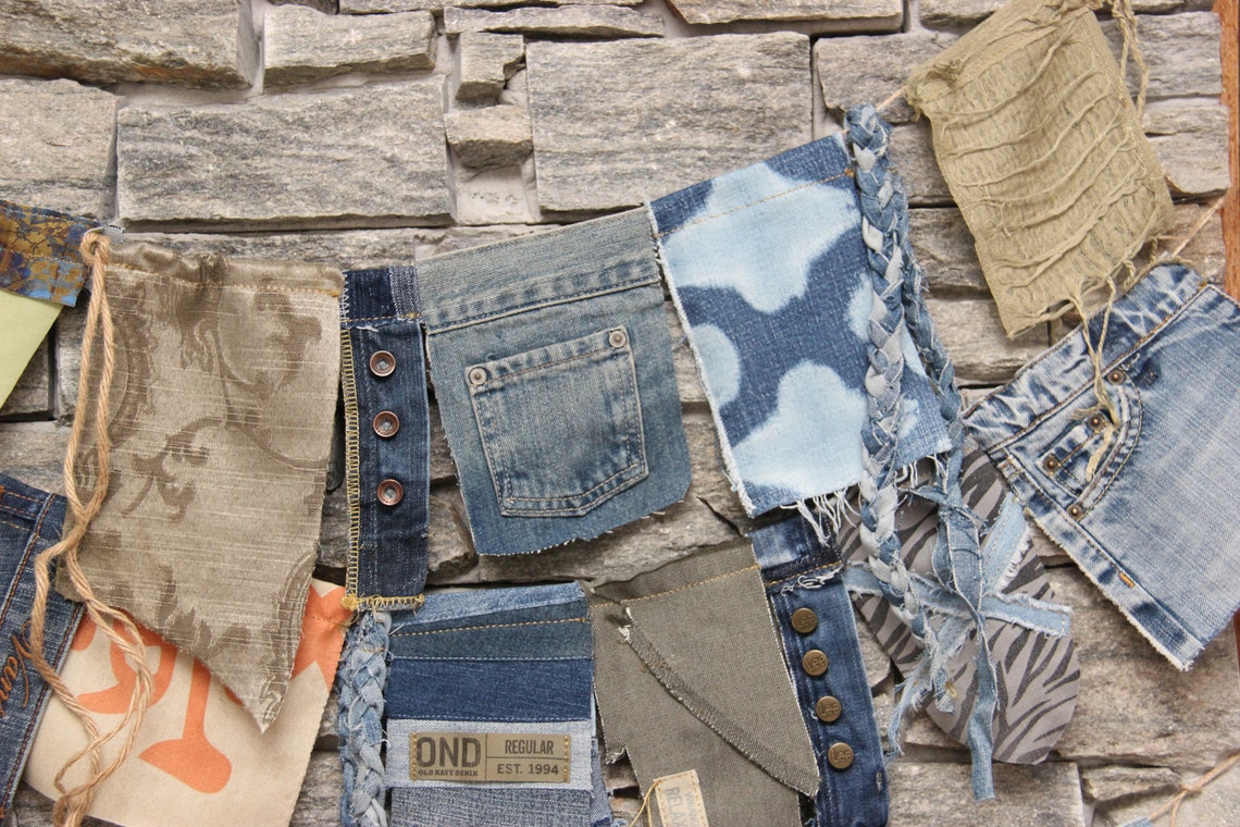 Recycled Denim Scrap Garland, Denim Flag Bunting, Denim Bunting Banner ...