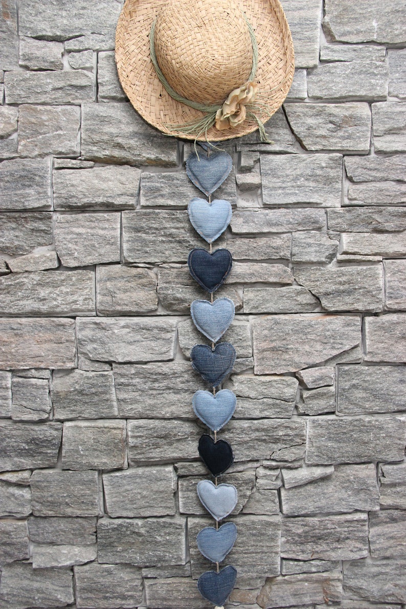 Recycled Denim Hearts Garland, Stuffed Denim Hearts Bunting, Denim ...
