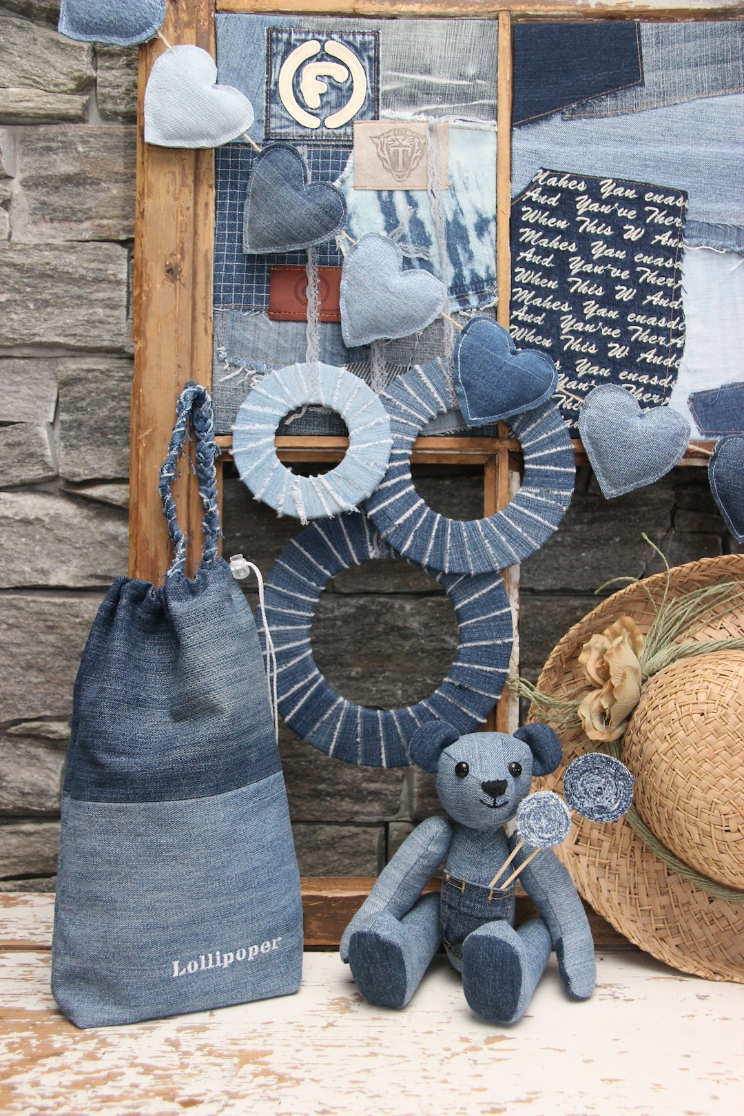 Recycled Denim Teddy Bear With Lollipops and Drawstring Bag, Stuffed ...