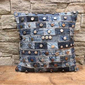 Denim Pillow Bolster Roll or Jeans Buttons Pillow Cover , Denim Throw Pillow , Recycled Denim ...