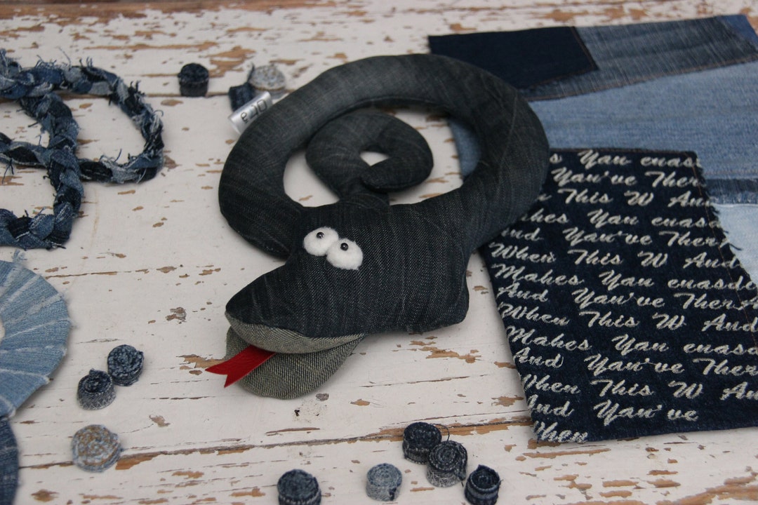 Stuffed Recycled Dark Denim Snake , Recycled Denim Toy , Funny Stuffed ...