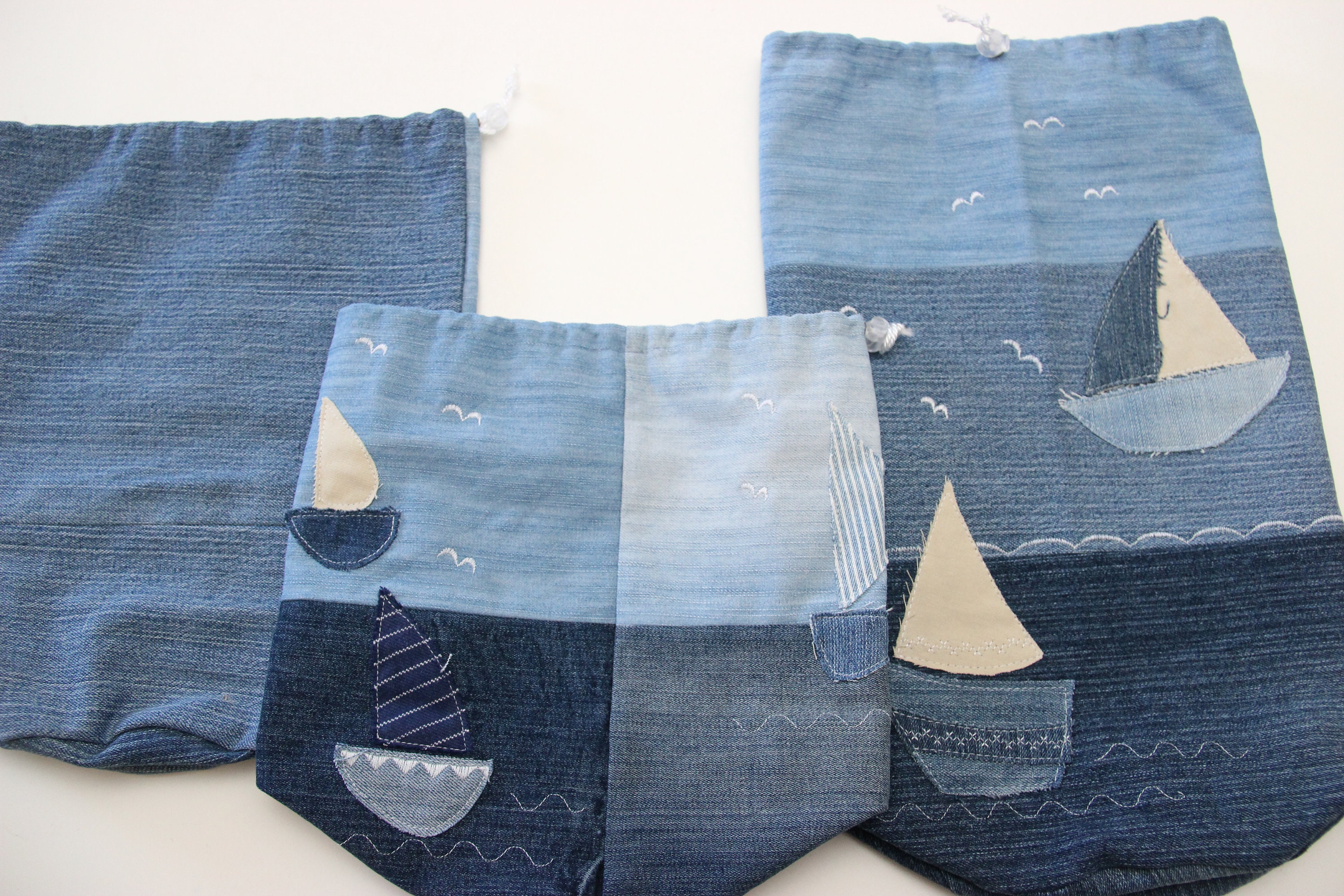 Recycled Denim Storage Bag, Denim Drawstring Bag, Denim Sailboat Bag ...