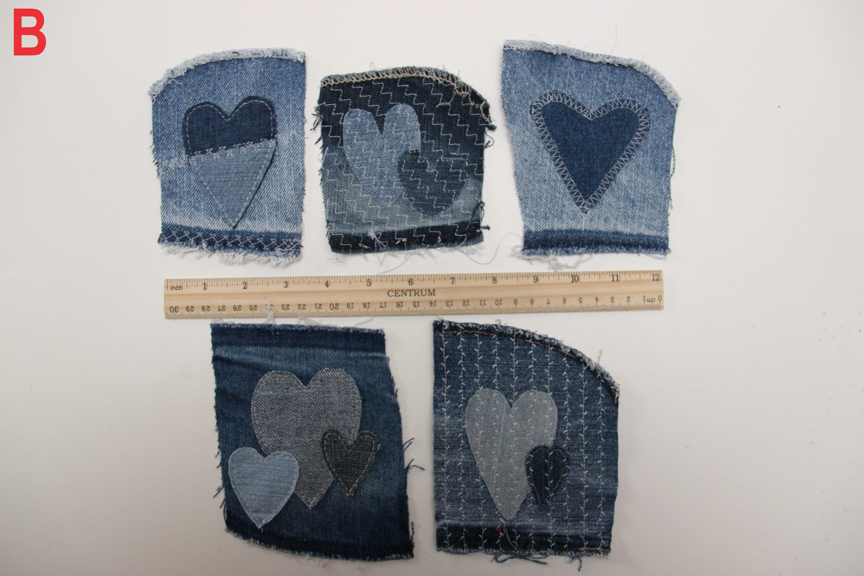 Denim Heart Patch Set , Set of 5 Sew on Patches , Upcycled Denim Patch ...