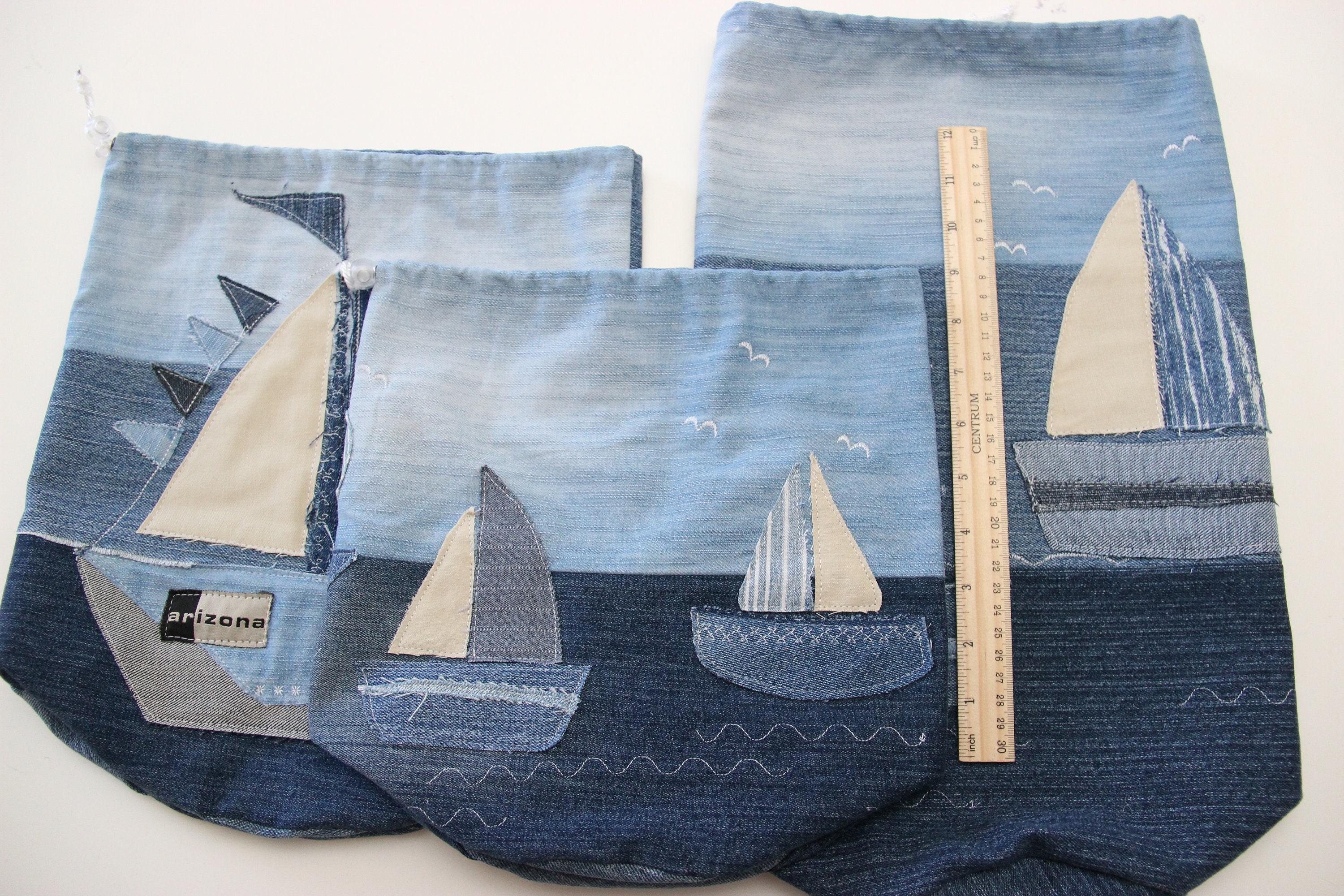 Recycled Denim Storage Bag, Denim Drawstring Bag, Denim Sailboat Bag ...
