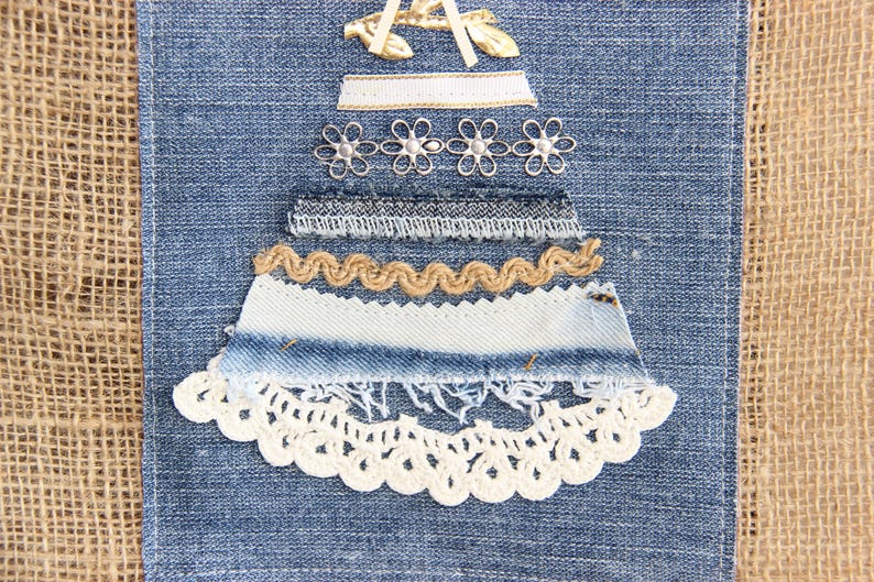 Recycled Denim and Burlap Christmas Tree Wall Decor on Driftwood Stick ...