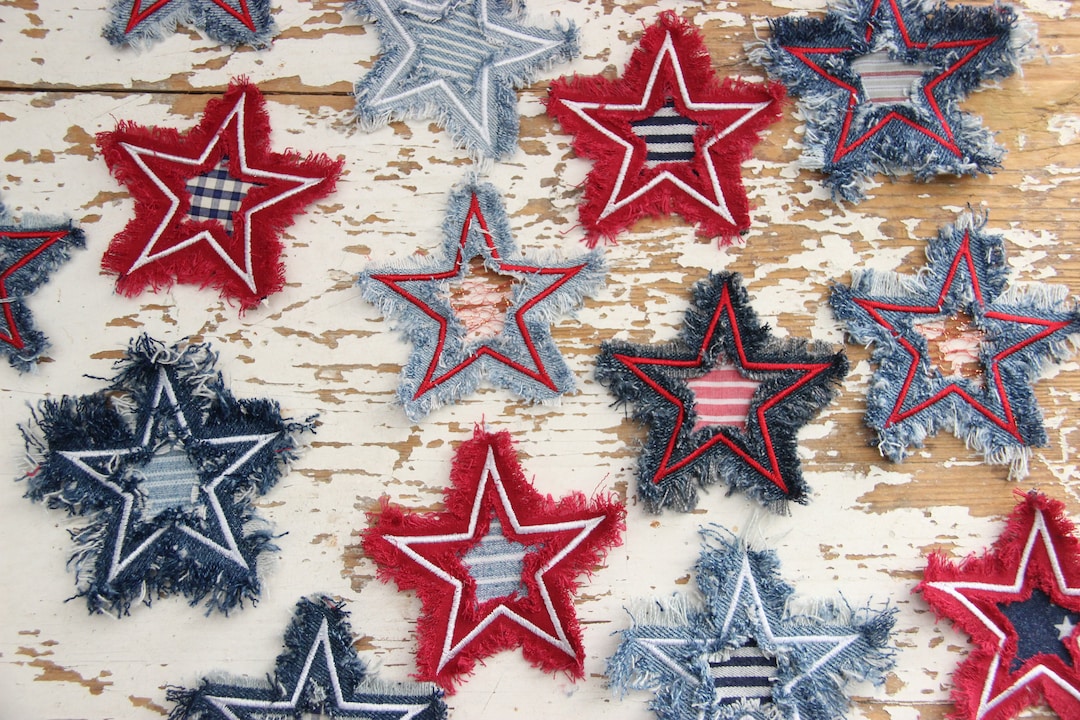 Upcycled Denim Fringed Sew on Star Patch With Hole, Americana Star, 4th ...