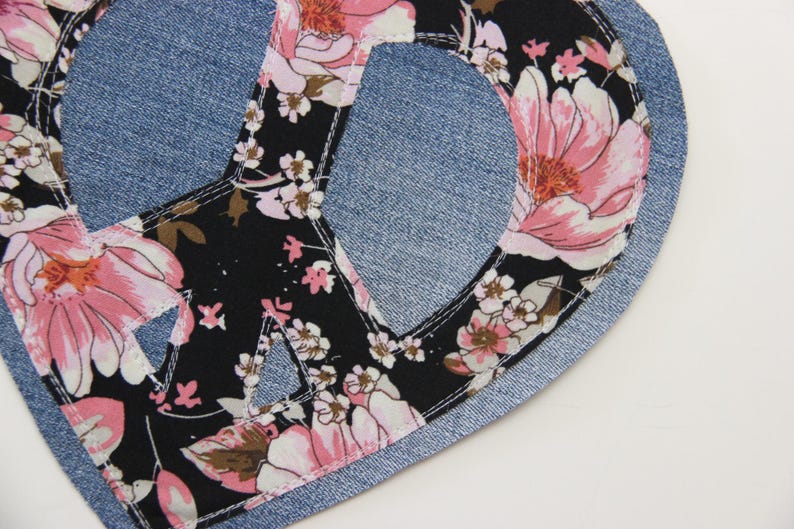 Extra Large Recycled Denim Peace Sign Heart Patches , Hippie Heart ...