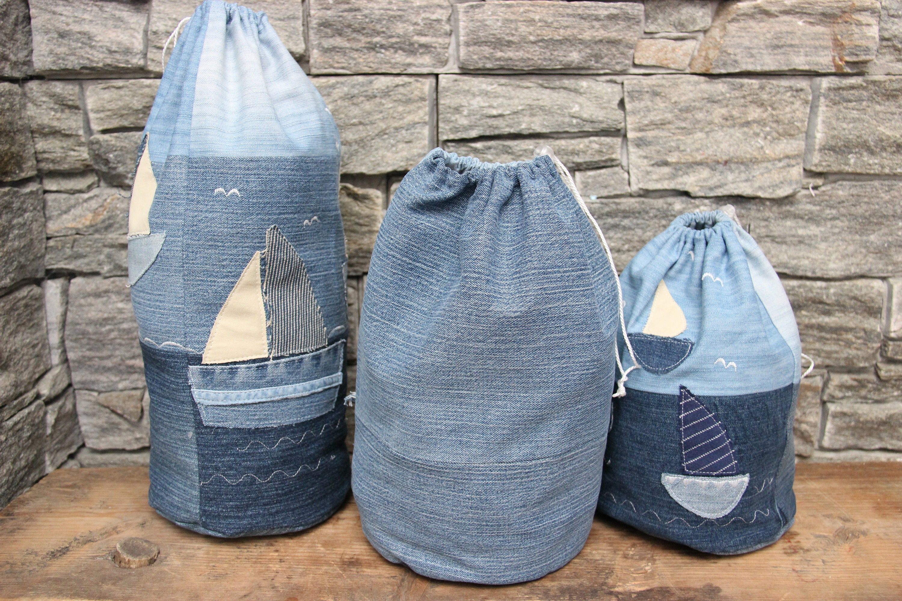 Recycled Denim Storage Bag, Denim Drawstring Bag, Denim Sailboat Bag ...