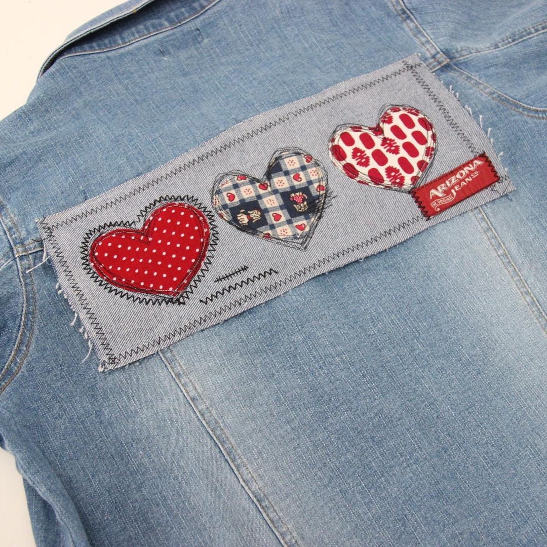 Large Denim Patch With Heart Appliques , Hippie Patches , Recycled ...