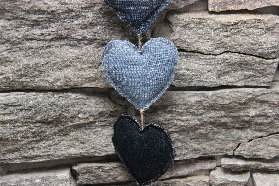 Recycled Denim Hearts Garland, Stuffed Denim Hearts Bunting, Denim ...