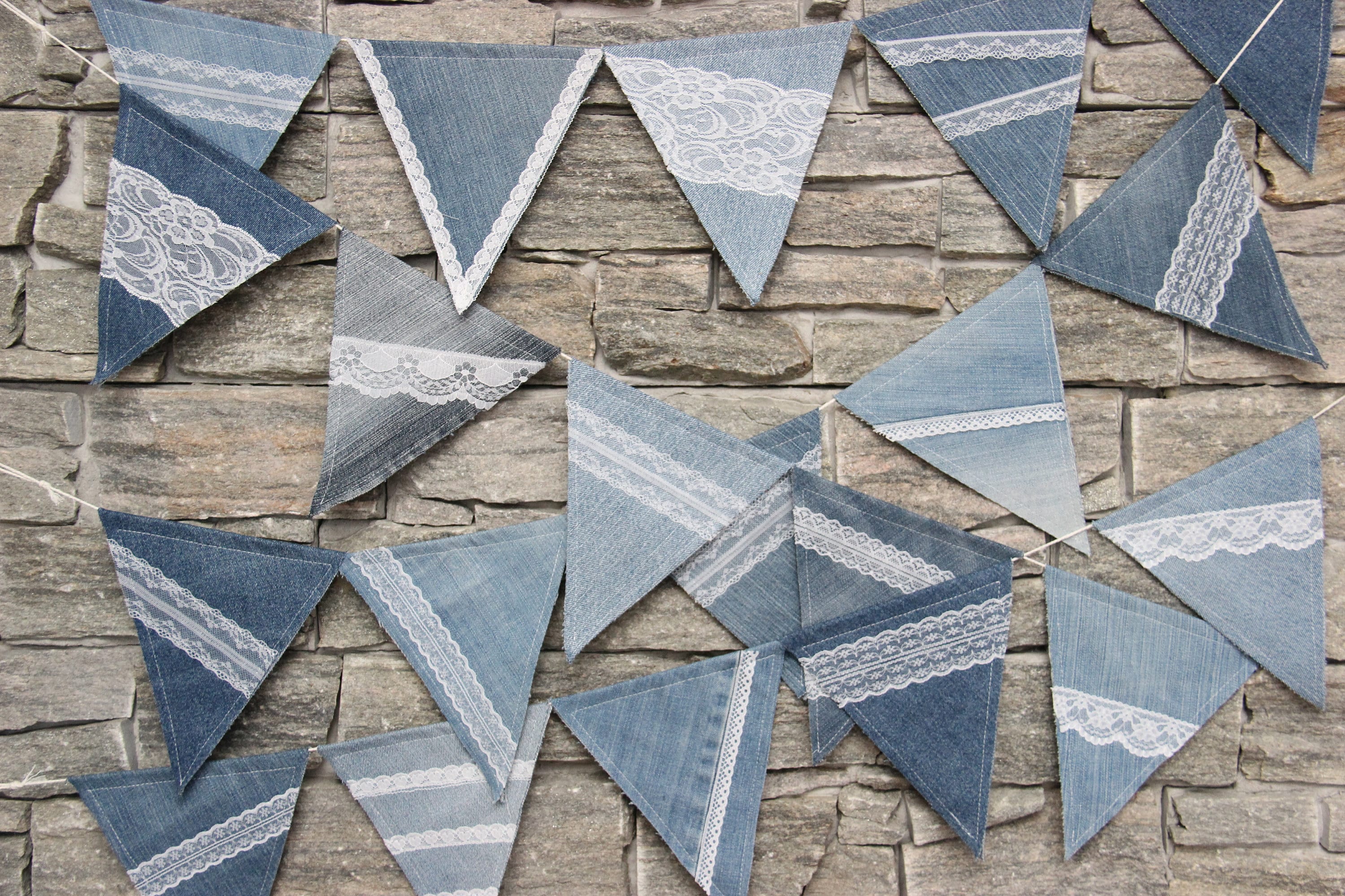 Recycled Denim & Lace Flag Garland, Denim Lace Bunting, Denim Bunting ...