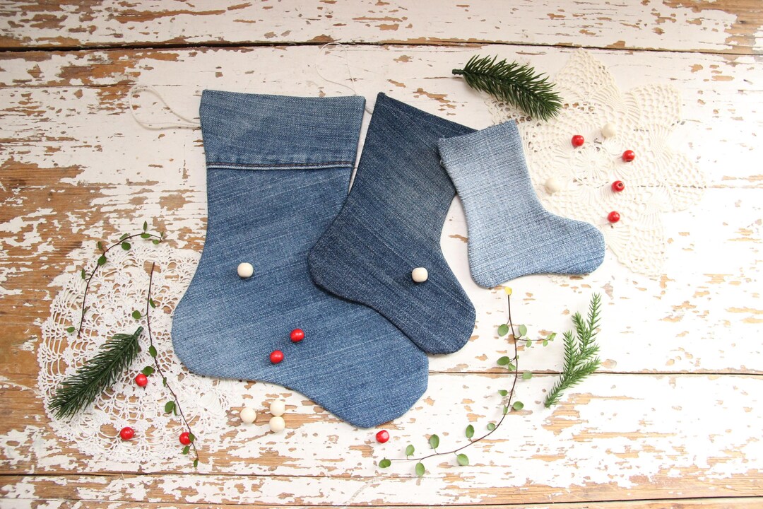3 Sizes Recycled Denim Christmas Stockings, Small Jean Holiday ...