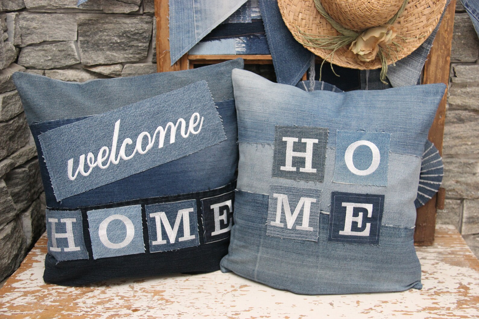 Upcycled Denim Cushion With Welcome Home or Home Letters Embroideries ...
