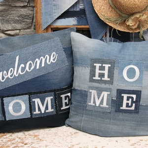 Upcycled Denim Cushion With Welcome Home or Home Letters Embroideries ...