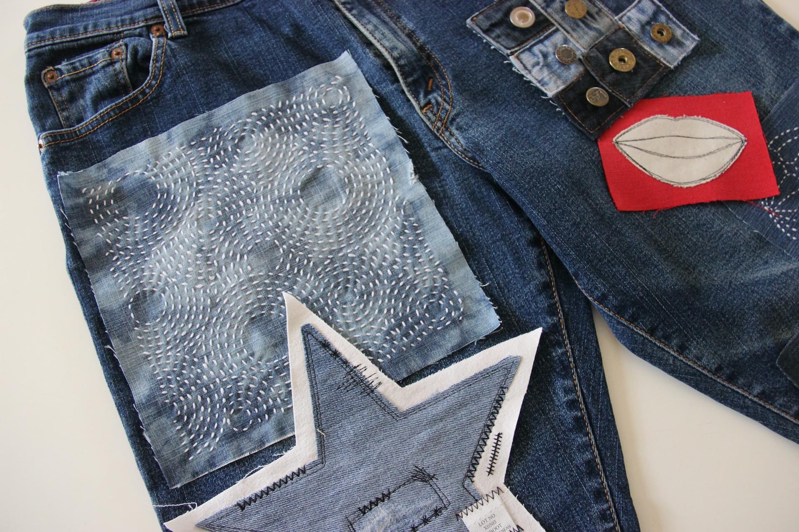 Large Sashiko Boro & Shibori Denim Patch , Slow Stitch Patch for Denim ...