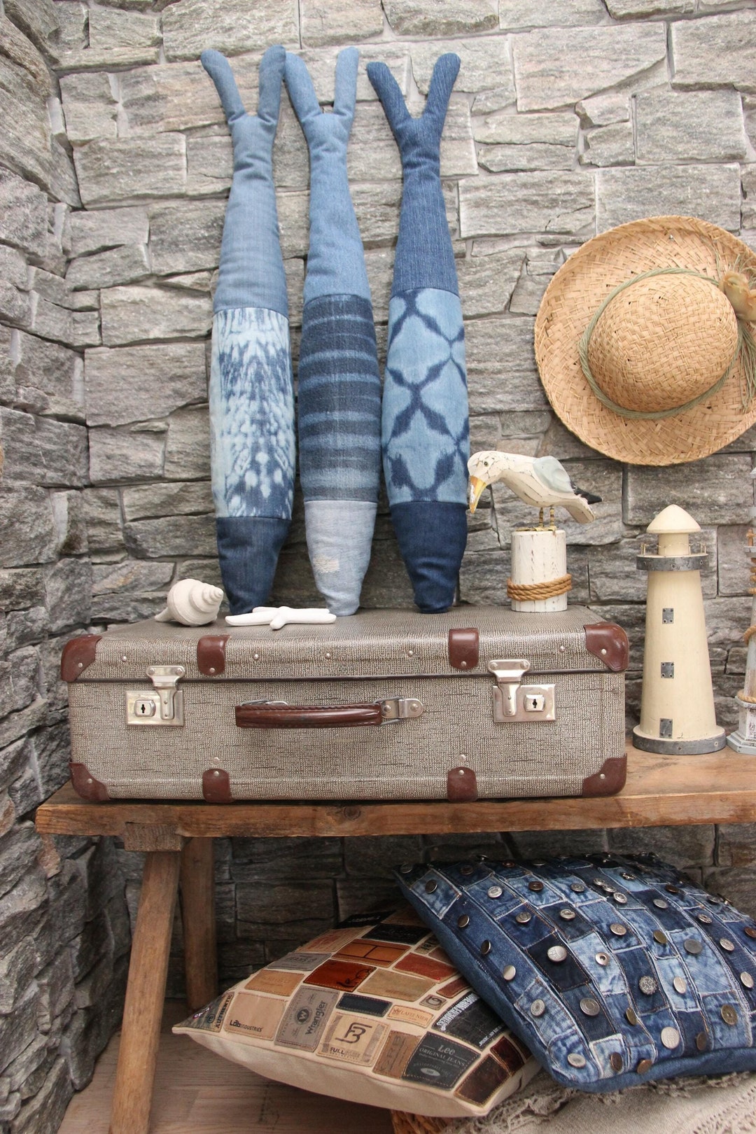 Large Stuffed Recycled Denim Shibori Fish Decor , Upcycled Denim Fish ...