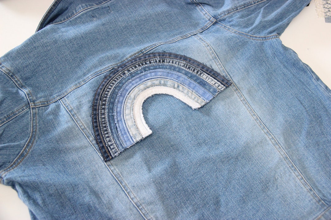 Recycled Denim Sews Rainbow Patches , Large Sew on Patch , Denim Scrap Patch , Boho Patch , Jean ...