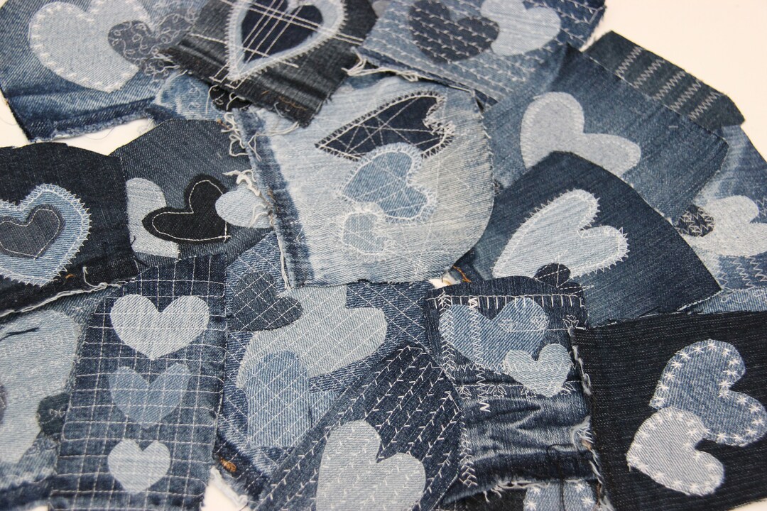 Denim Heart Patch Set , Set of 5 Sew on Patches , Upcycled Denim Patch ...