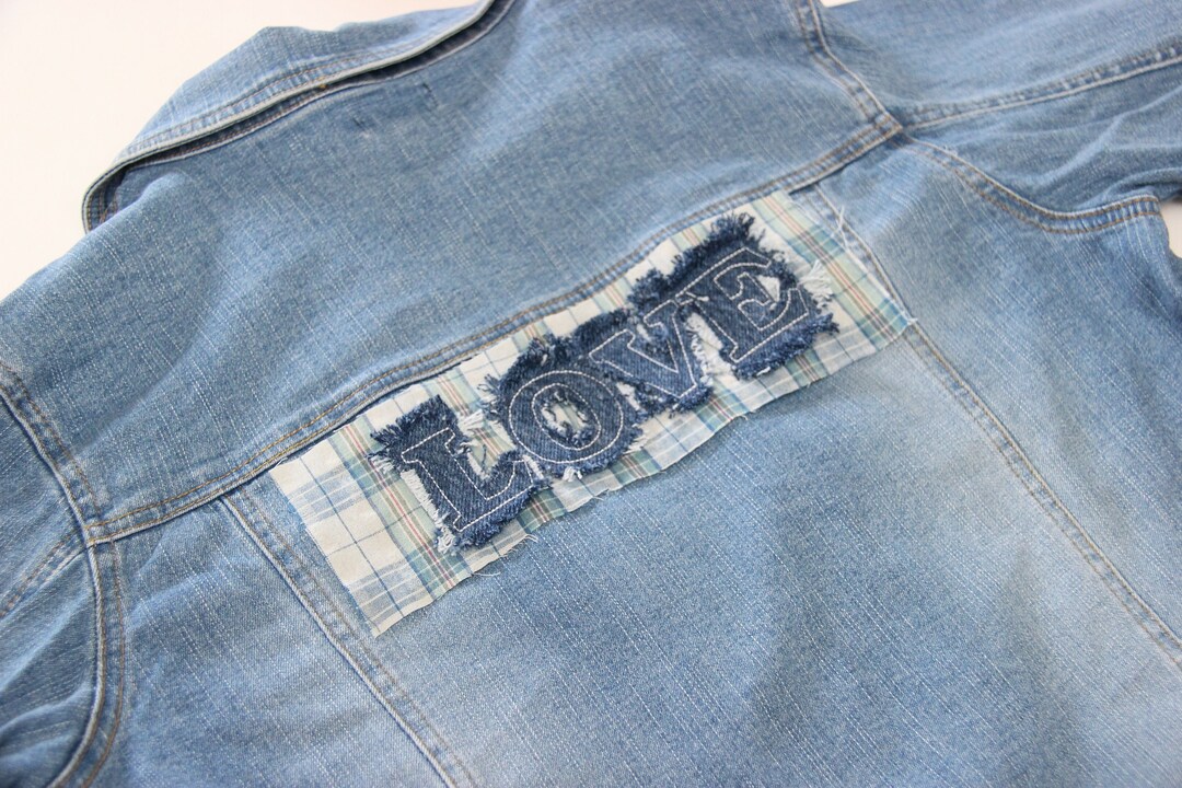 Large Love Patch , Recycled Denim Patch With Fringes , Denim Scrap ...