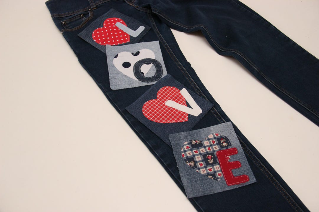 Denim Heart and Love Lettering Patch Set , Red White Blue Heart Patches , Red White and Blue ...