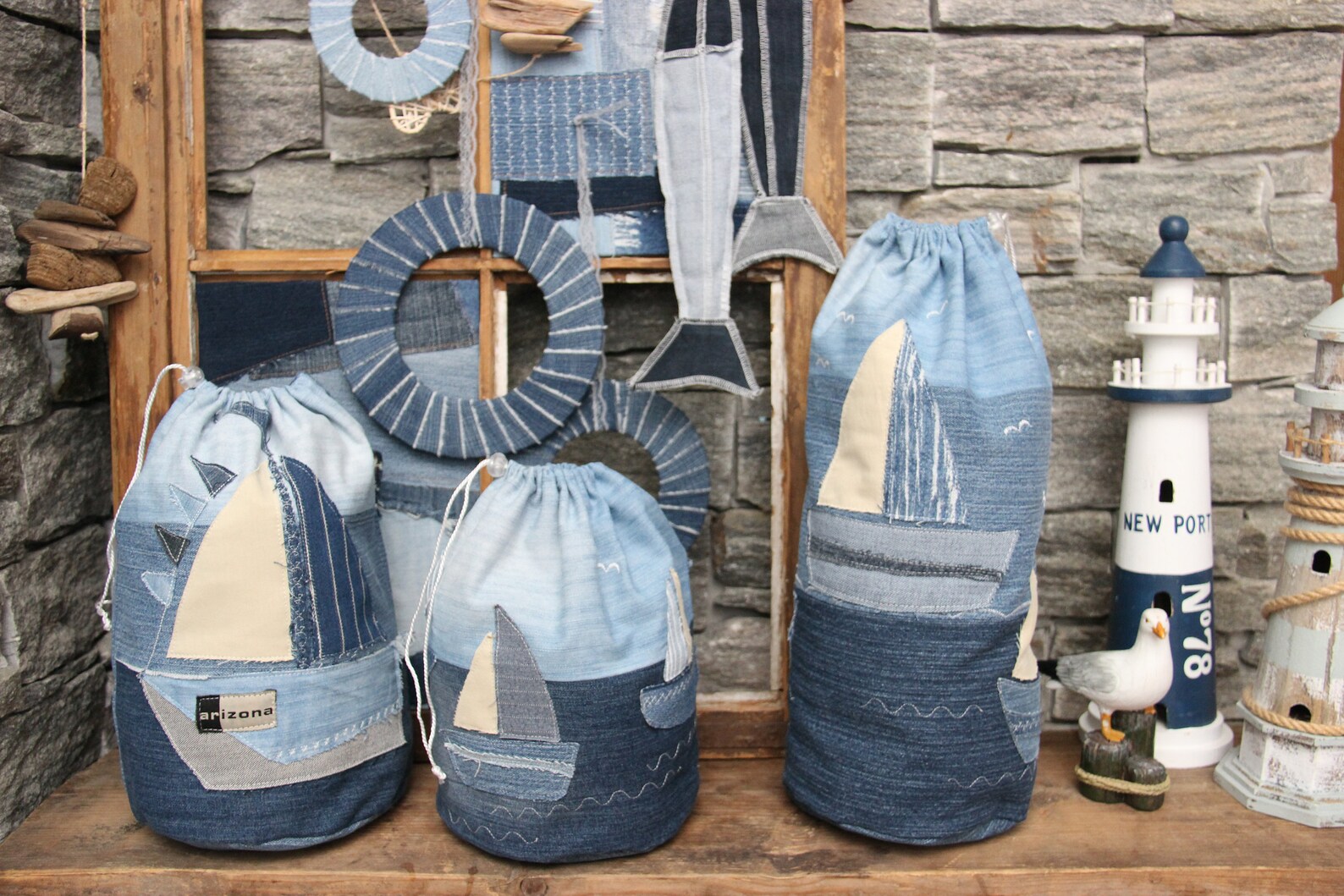Recycled Denim Storage Bag, Denim Drawstring Bag, Denim Sailboat Bag ...