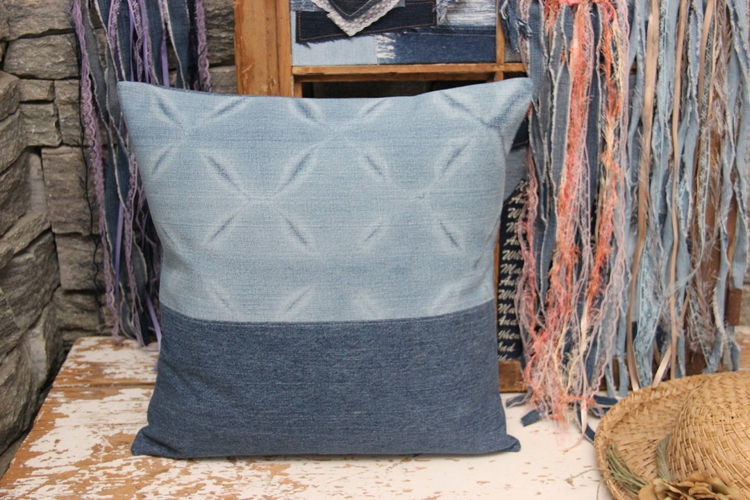 Denim Shibori Accent Pillow Cover , Upcycled Denim Pillow Cover ...