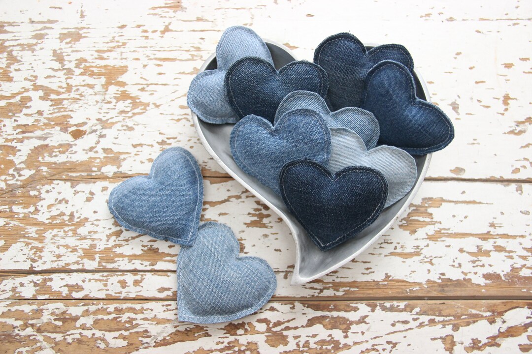 Upcycled Denim Hearts, Stuffed Heart Ornament, Valentines Day Decor ...
