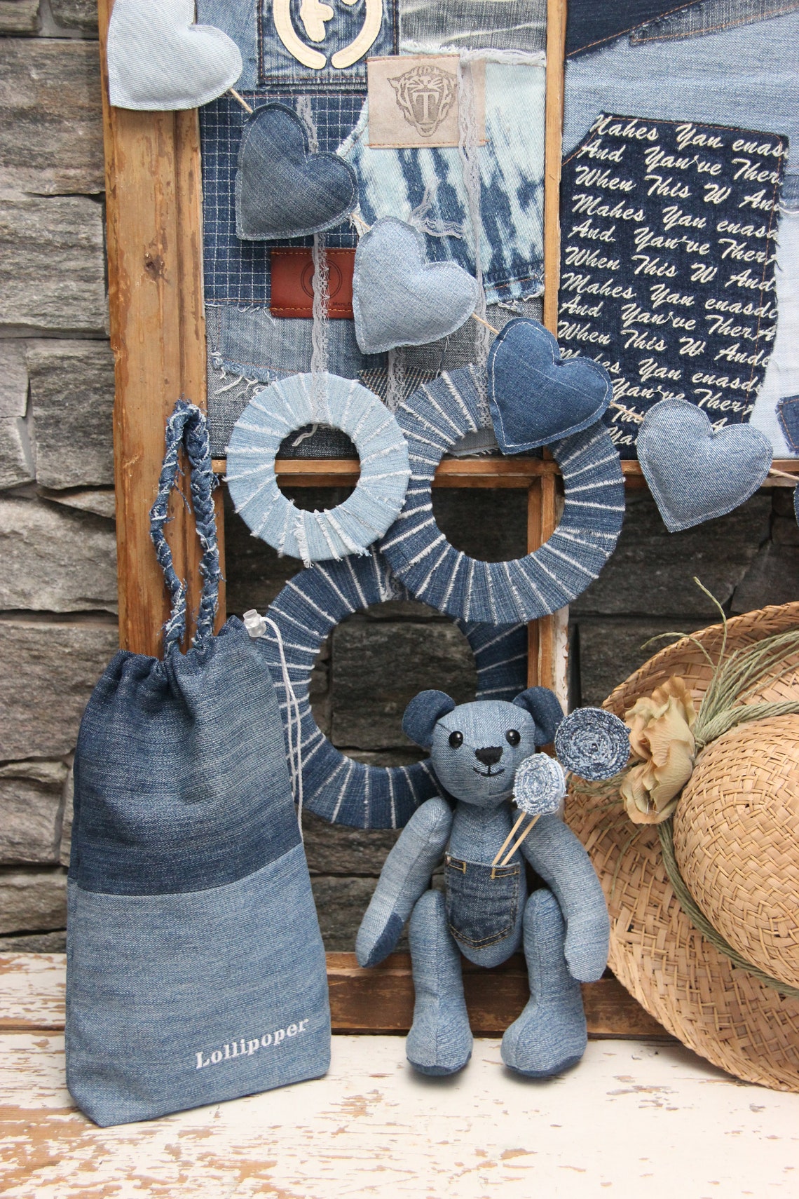 Recycled Denim Teddy Bear With Lollipops and Drawstring Bag, Stuffed ...