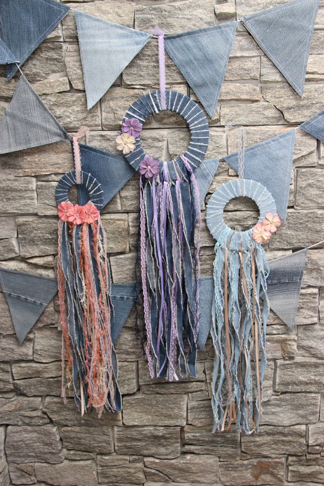 Set of 3 Recycled Denim & Lace Ring Decorations, Denim Lace Rings ...