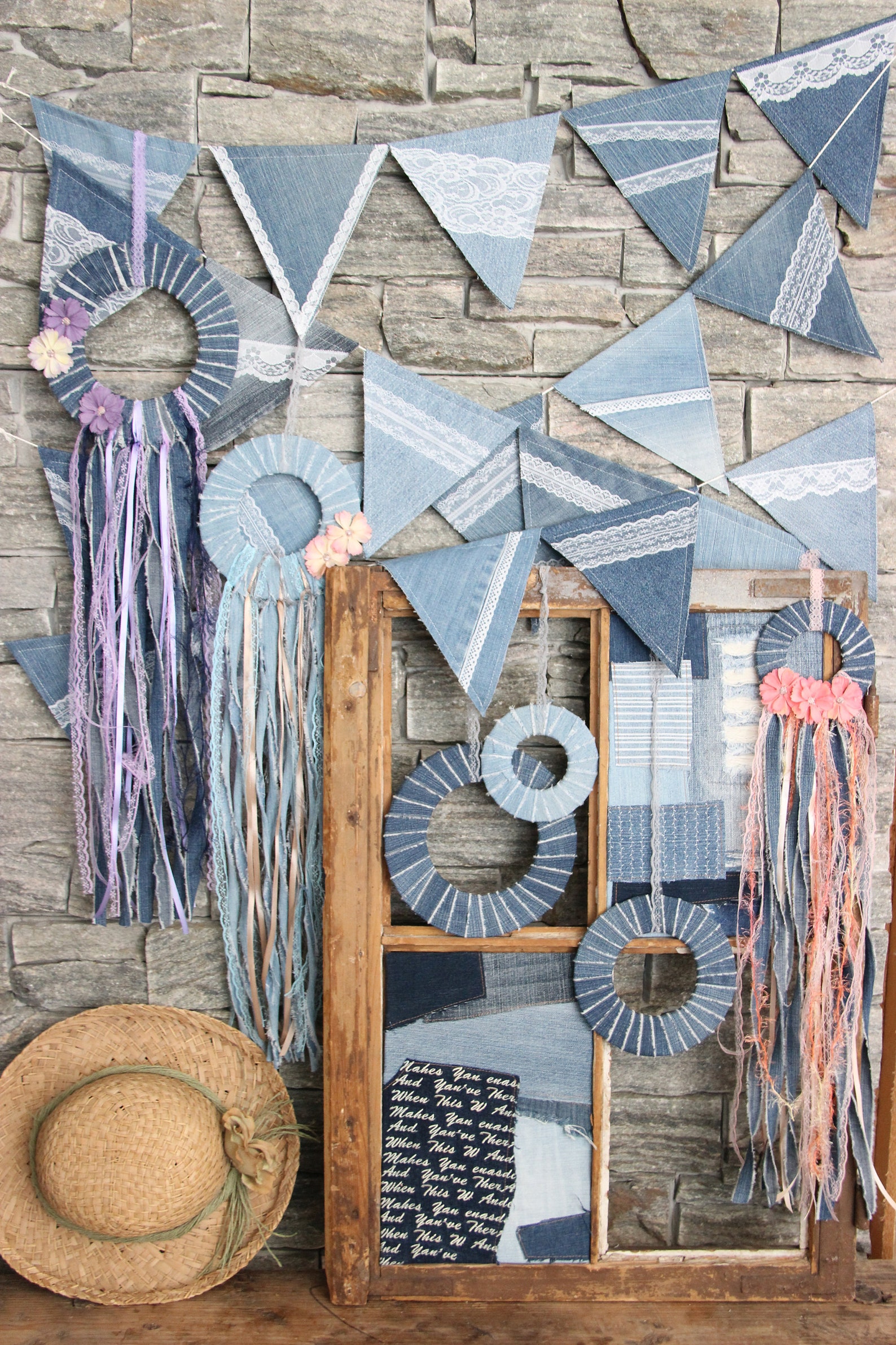 Recycled Denim & Lace Flag Garland, Denim Lace Bunting, Denim Bunting ...