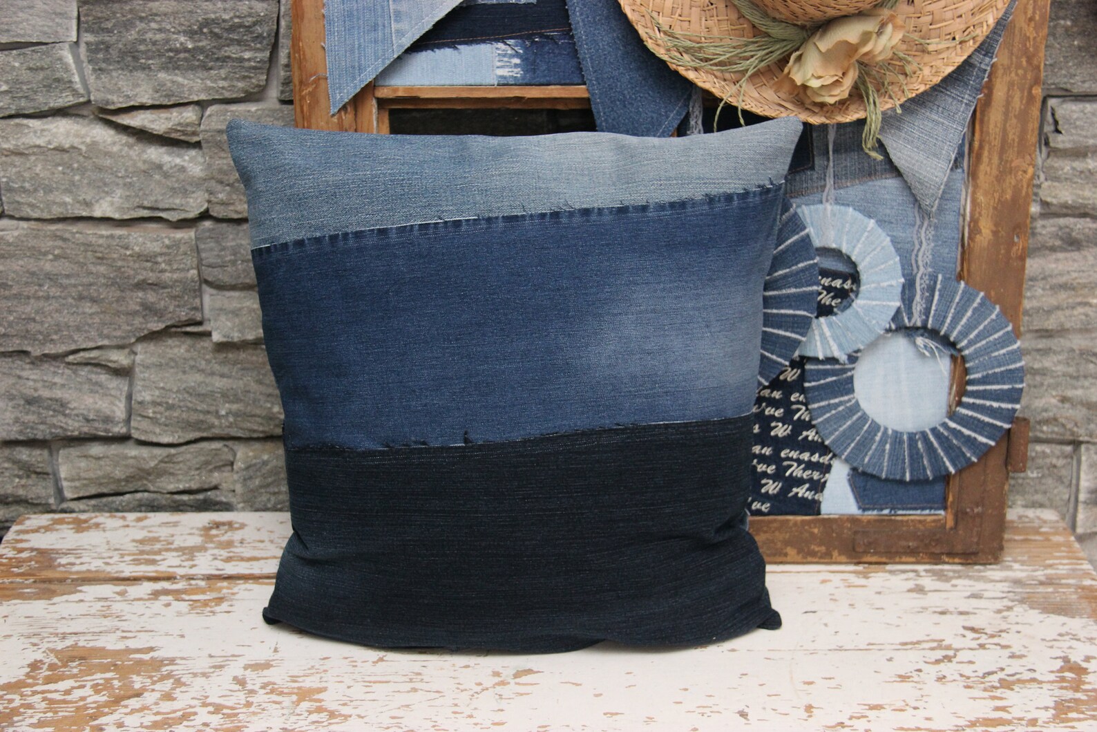 Upcycled Denim Cushion With Welcome Home or Home Letters Embroideries ...