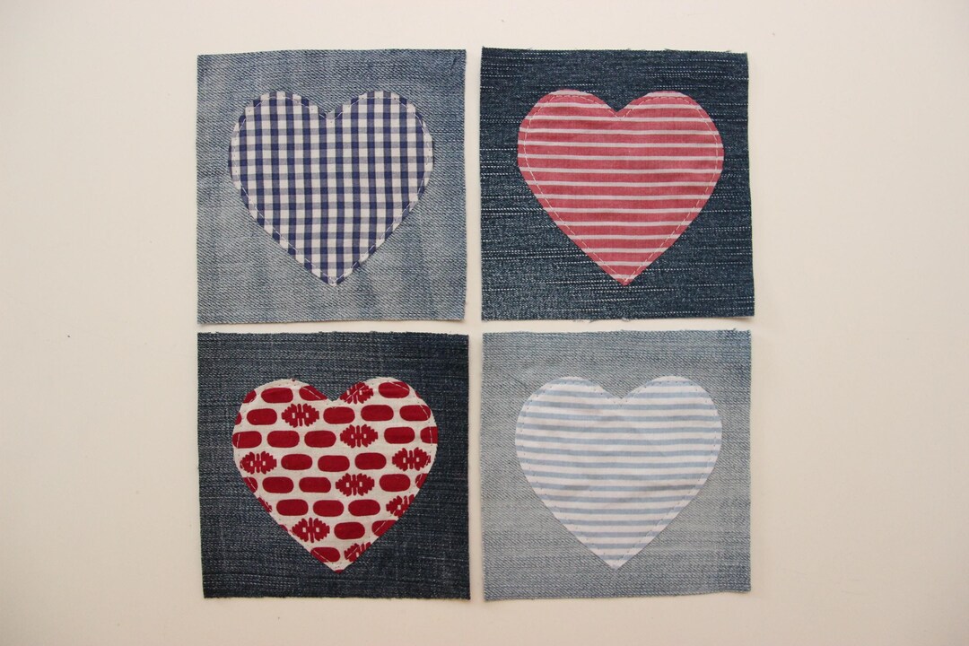 Denim Scrap Heart Patches , Red White Blue Heart Patches , Patriotic ...