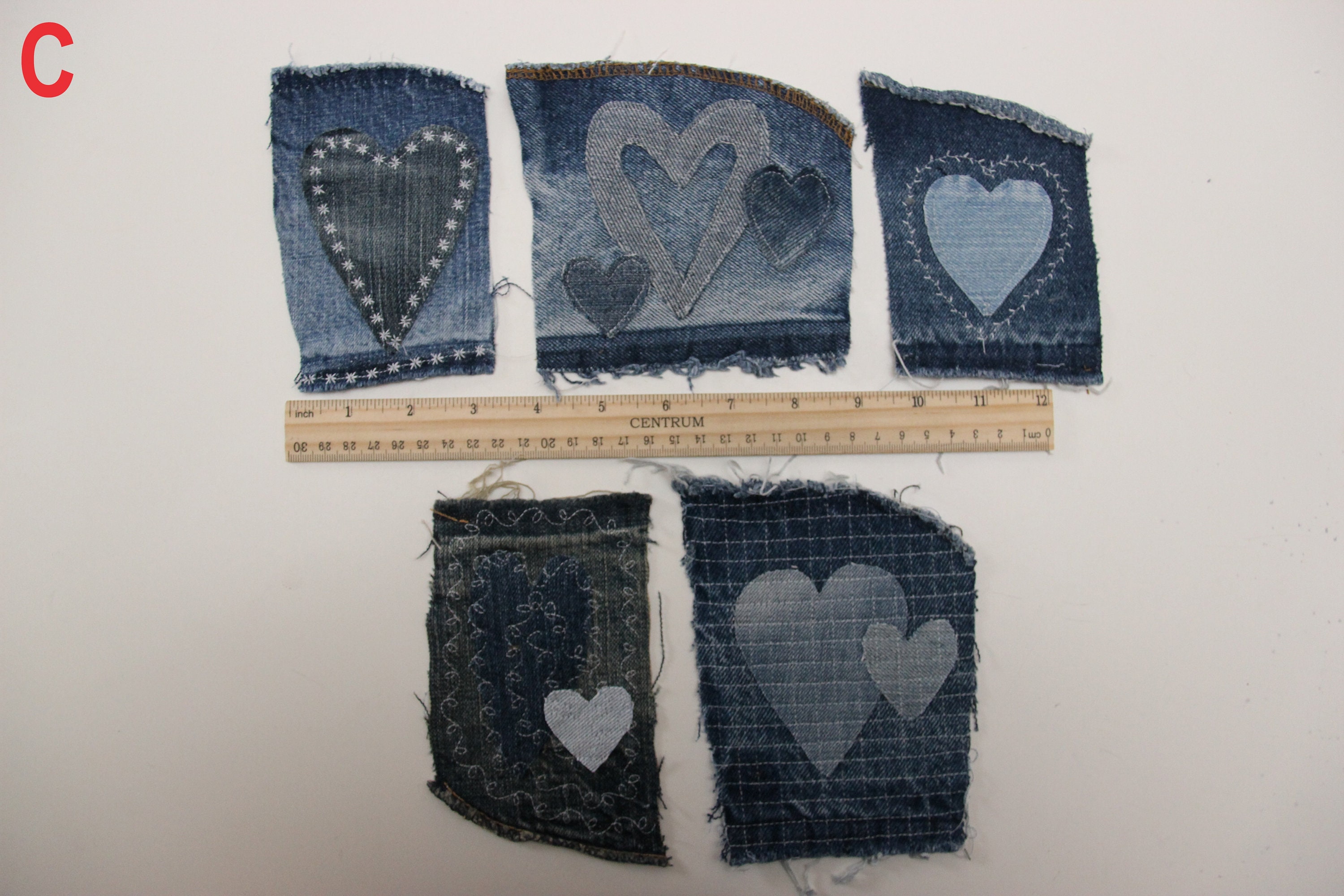 Denim Heart Patch Set , Set of 5 Sew on Patches , Upcycled Denim Patch ...