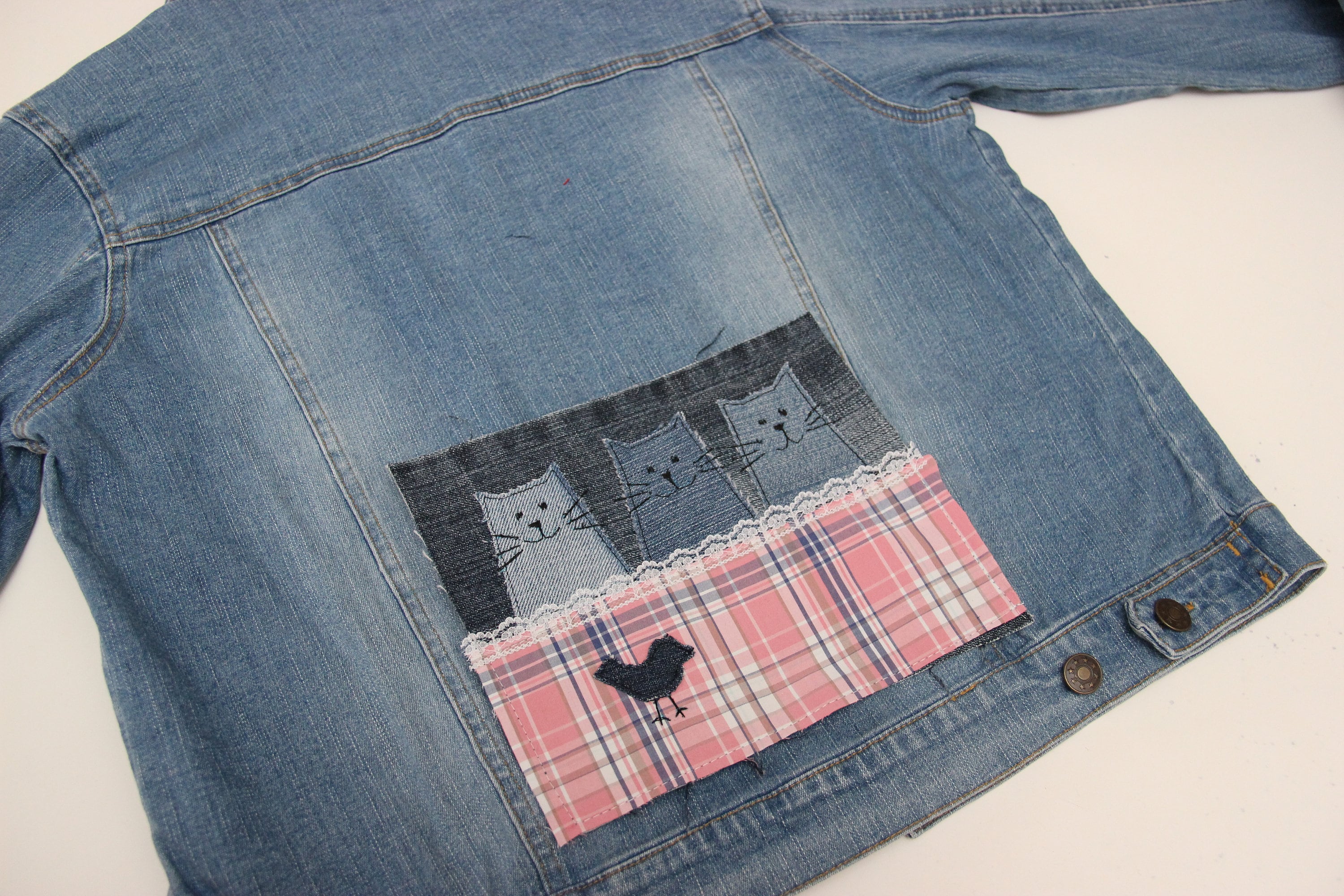 Large Denim Recycled Patch With Cats Applique ,cats Sew on Patch for ...