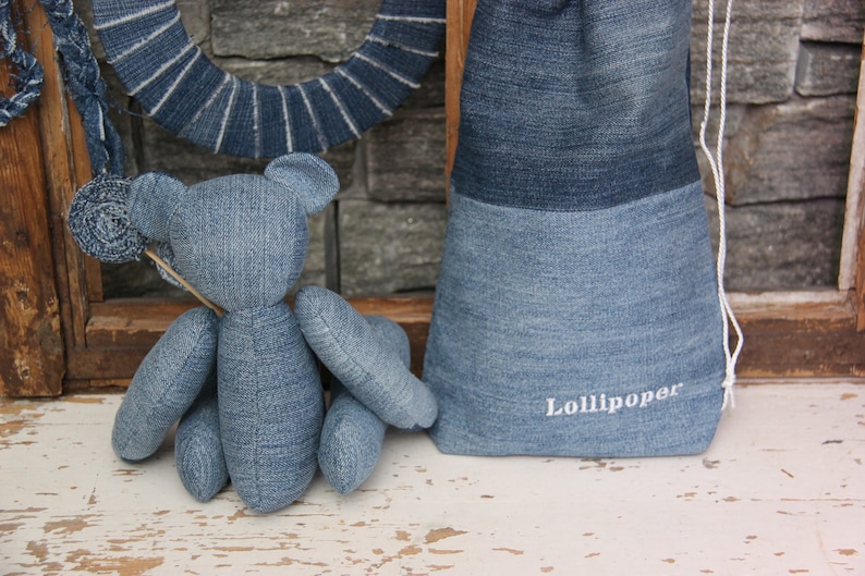 Recycled Denim Teddy Bear With Lollipops and Drawstring Bag, Stuffed ...