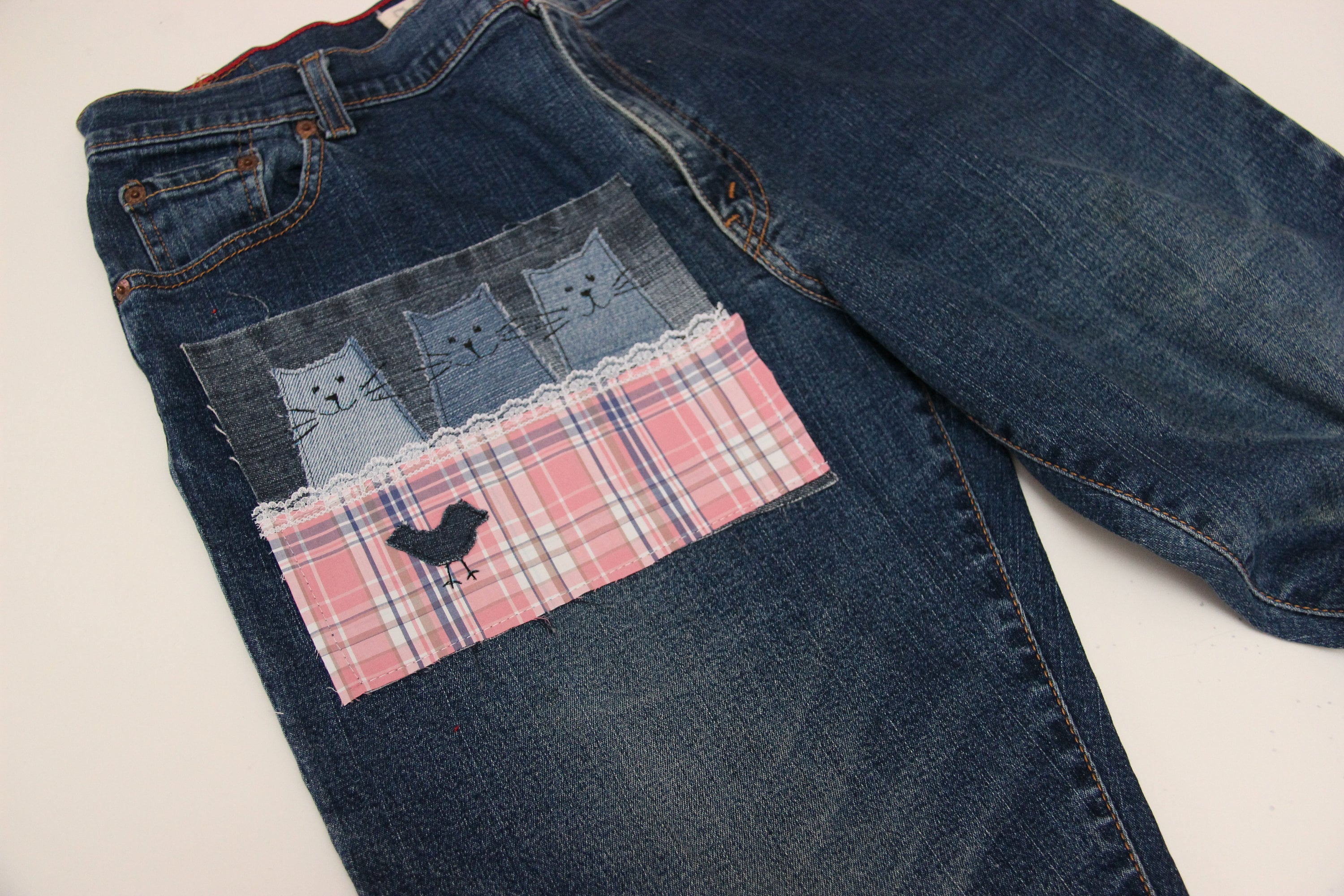 Large Denim Recycled Patch With Cats Applique ,cats Sew on Patch for ...