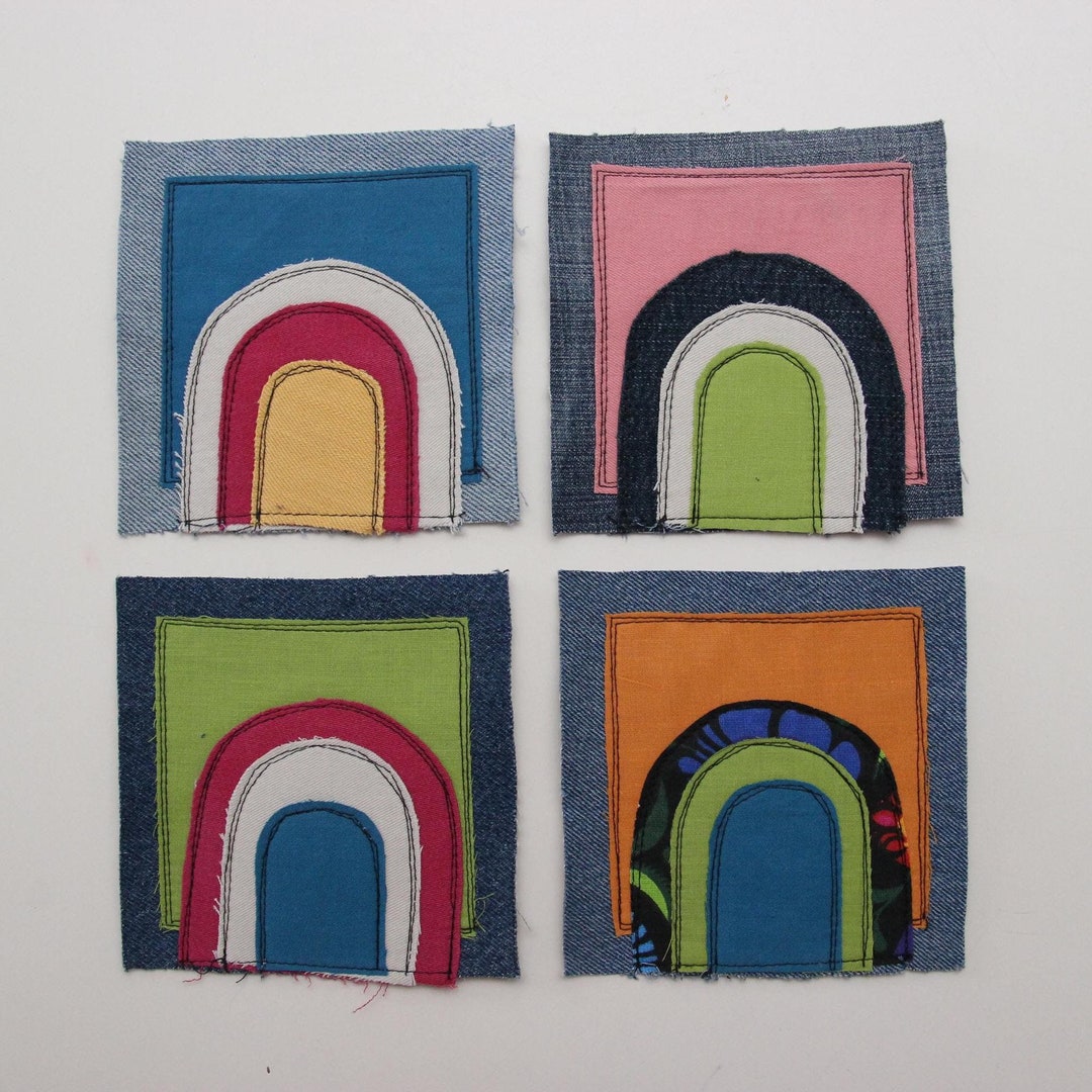 Recycled Denim & Fabric Rainbow Patches , Rainbow Sew on Patch , Colorful Hippie Patches , Jean ...