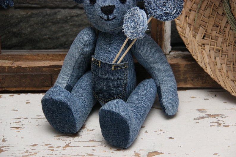 Recycled Denim Teddy Bear With Lollipops and Drawstring Bag, Stuffed ...