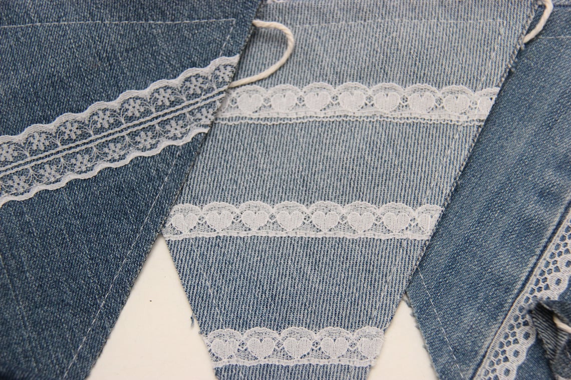 Recycled Denim & Lace Flag Garland, Denim Lace Bunting, Denim Bunting ...