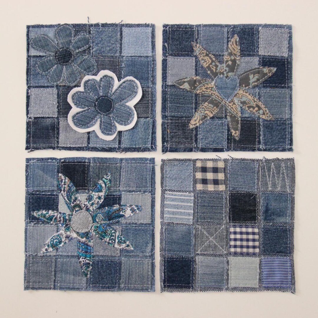 Square Denim Patches With Flower Appliques , Statement Flower Patches ...