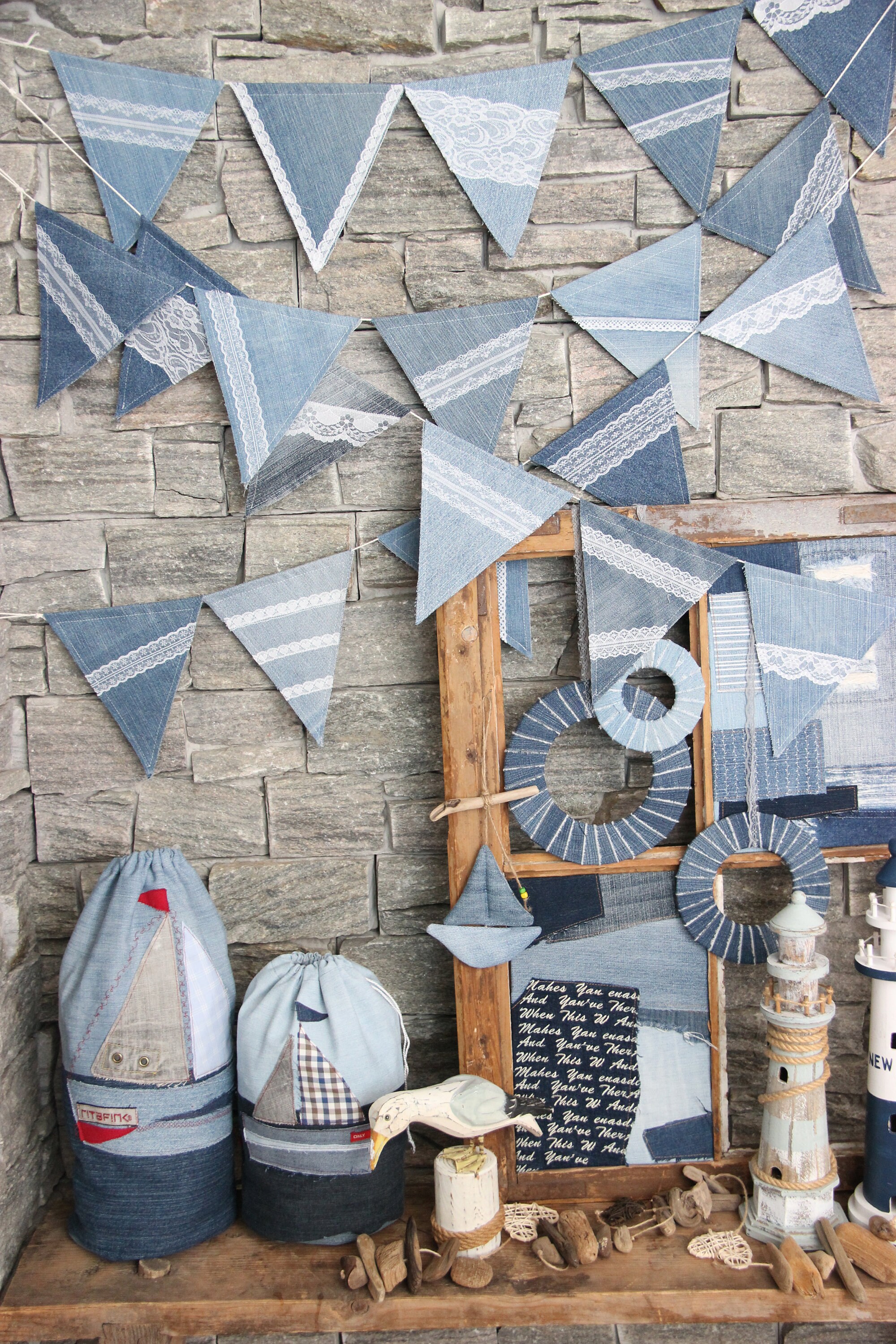 Recycled Denim & Lace Flag Garland, Denim Lace Bunting, Denim Bunting ...